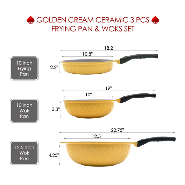 Golden Cream Healthy Nonstick Ceramic 3 Pcs Frying Pan & Woks Set – Bi ...